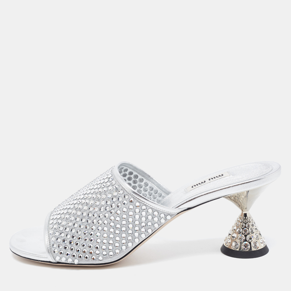 Miu Miu | Shoes | Miu Miu Silver Mesh And Leather Rhinestone Embellished Slide Sandals Size 4 ...